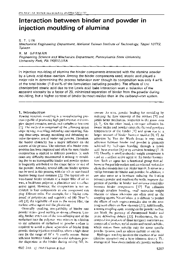 (PDF) Interaction between binder and powder in injection moulding of ...