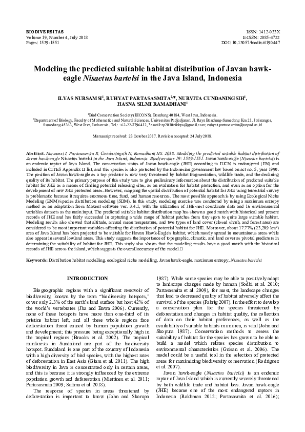 (PDF) Modeling the predicted suitable habitat distribution of Javan hawk-eagle Nisaetus bartelsi ...