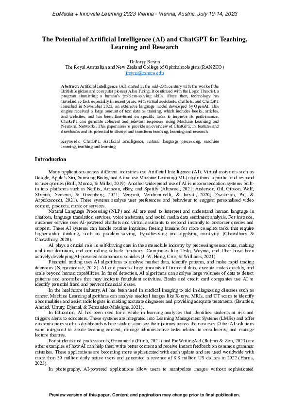 (PDF) 2023: The Potential of Artificial Intelligence (AI) and ChatGPT ...