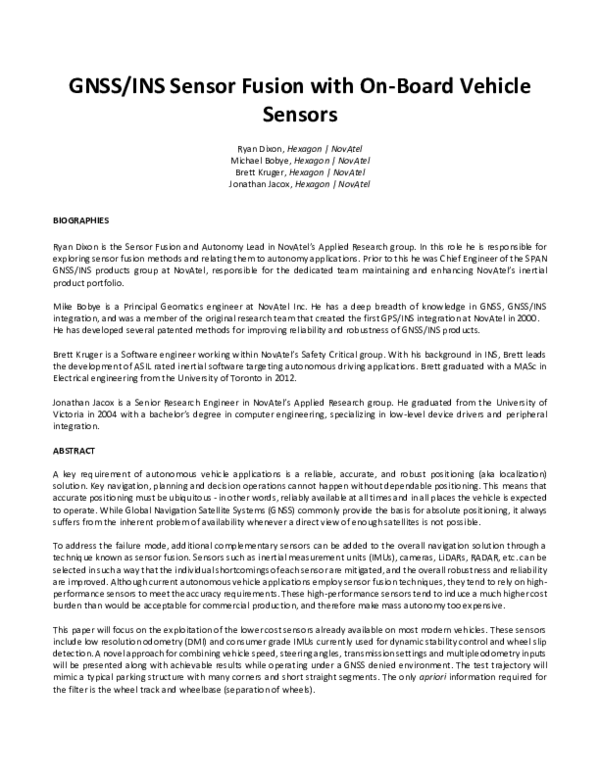 (PDF) GNSS/INS Sensor Fusion with On-Board Vehicle Sensors