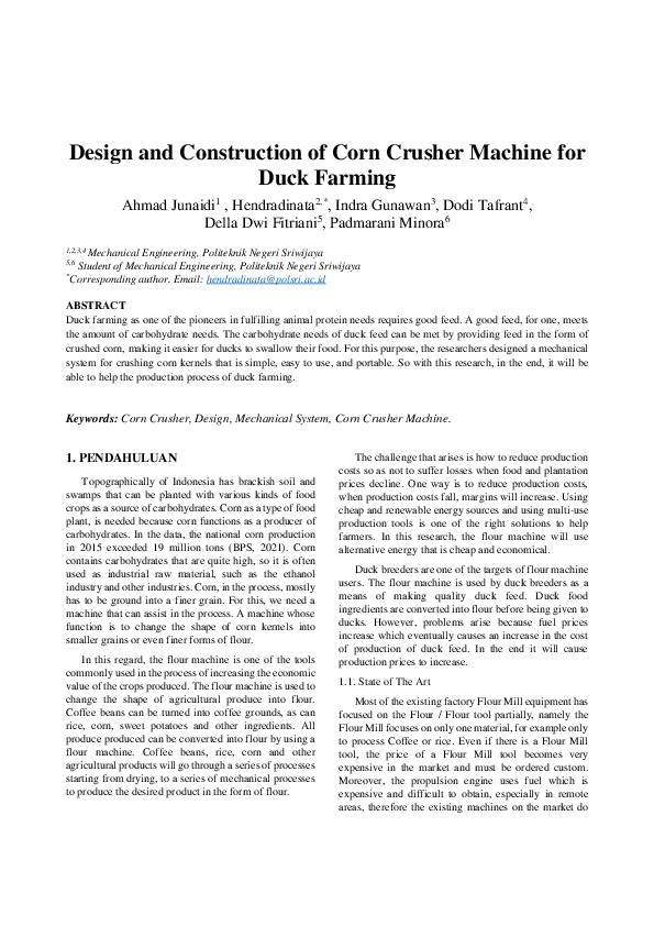 (PDF) Design and Construction of Corn Crusher Machine for Duck Farming