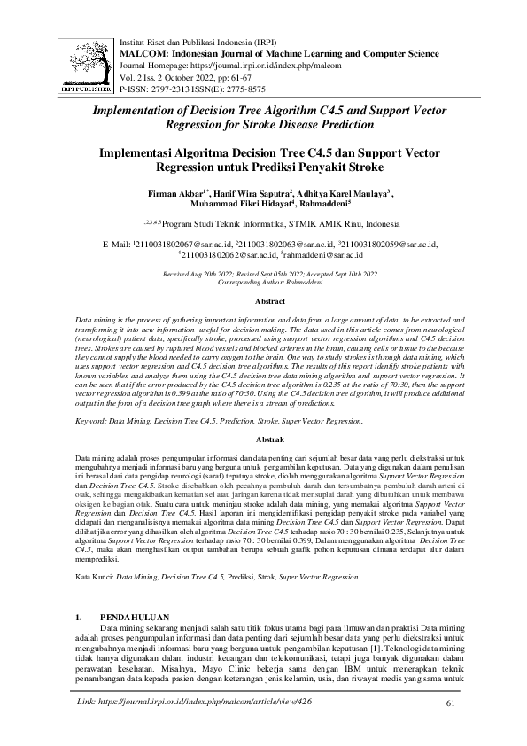 (PDF) Implementasi Algoritma Decision Tree C4.5 dan Support Vector Regression untuk Prediksi ...