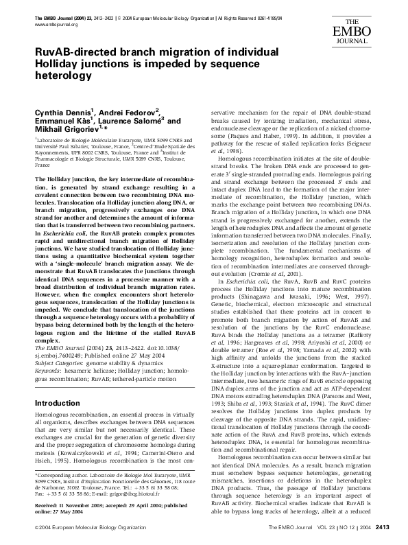(PDF) RuvAB-directed branch migration of individual Holliday junctions ...