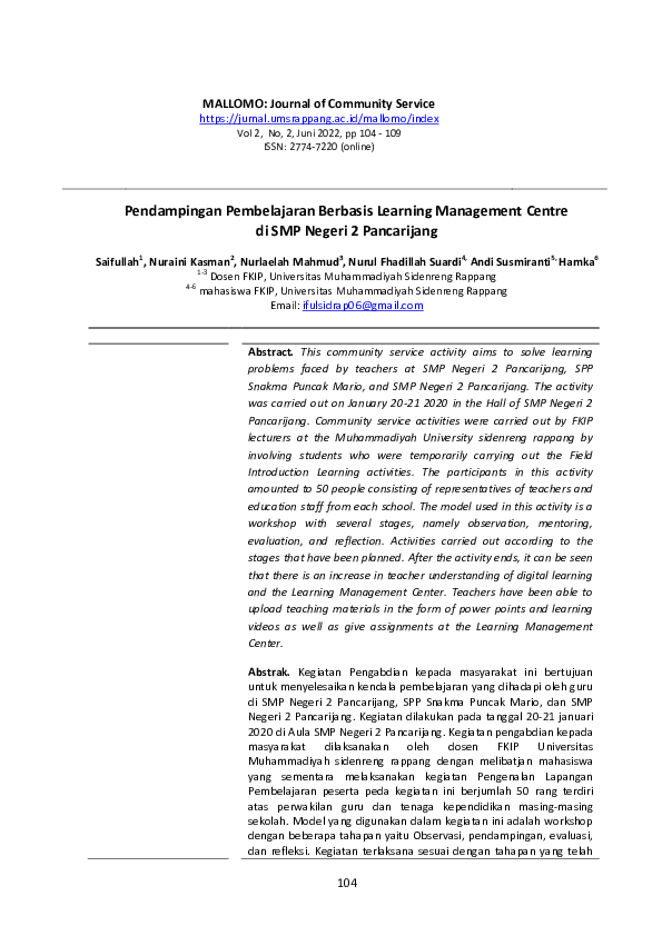 (PDF) Pendampingan Pembelajaran Berbasis Learning Management System di SMP Negeri 2 Pancarijang