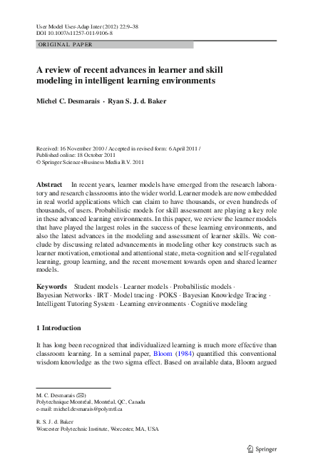(PDF) A review of recent advances in learner and skill modeling in intelligent learning environments