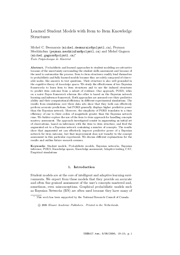 (PDF) Learned student models with item to item knowledge structures