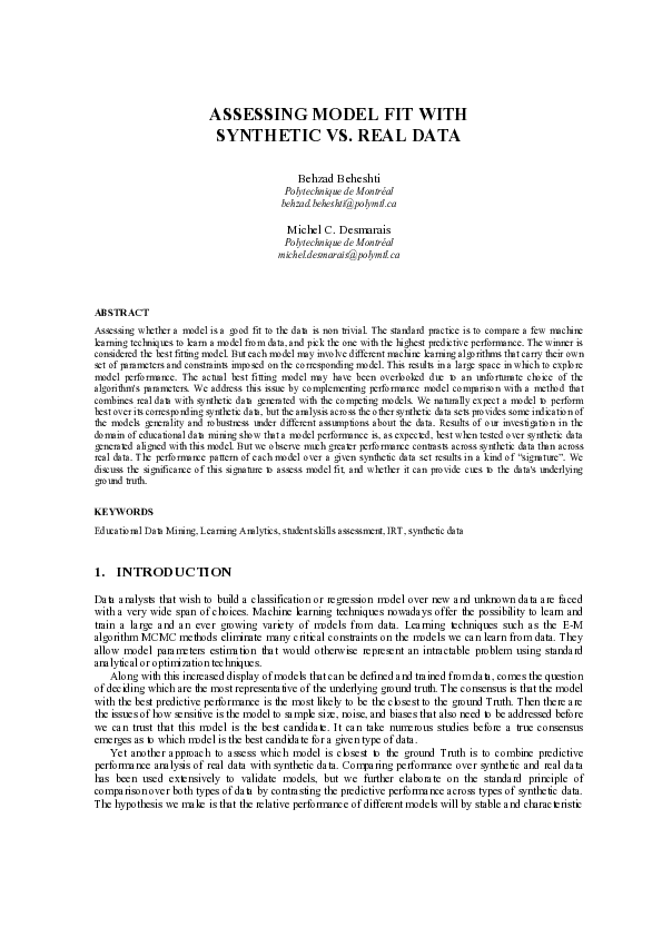 (PDF) Assessing Model Fit with Synthetic vs. Real Data