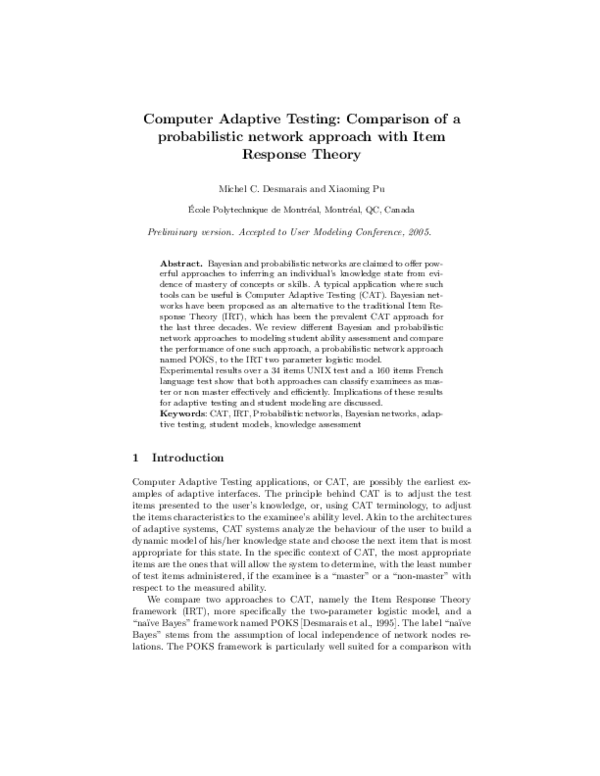 (PDF) Computer Adaptive Testing: Comparison of a Probabilistic Network ...