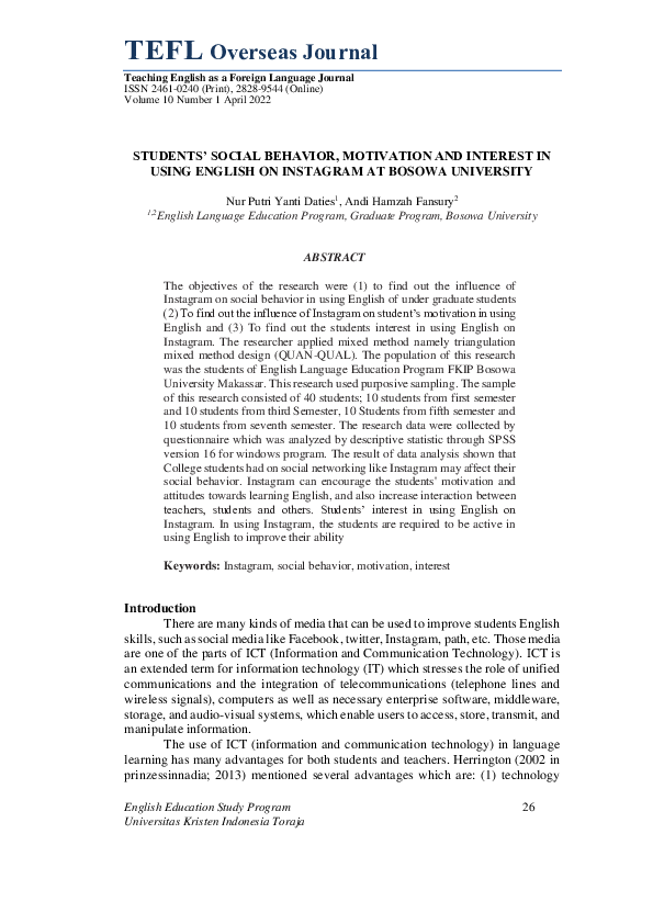 (PDF) Students’ Social Behavior, Motivation and Interest in Using ...