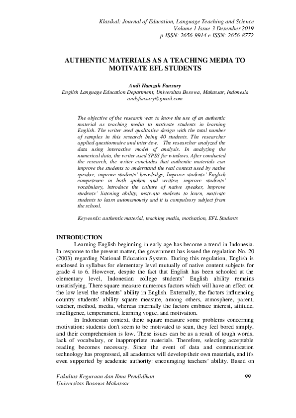 (PDF) Authentic Materials as a Teaching Media to Motivate Efl Students