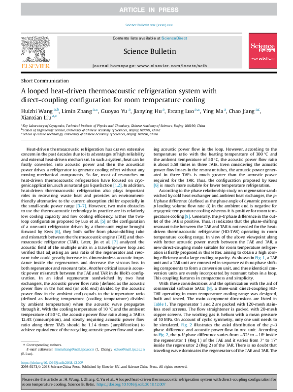 (PDF) A looped heat-driven thermoacoustic refrigeration system with ...