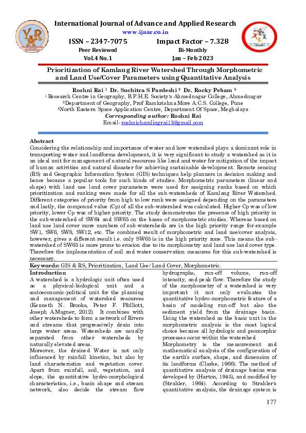 Pdf Prioritization Of Kamlang River Watershed Through Morphometric And Land Use Cover