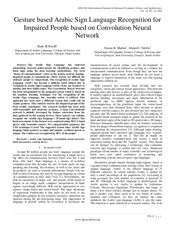 (PDF) Gesture based Arabic Sign Language Recognition for Impaired People based on Convolution ...