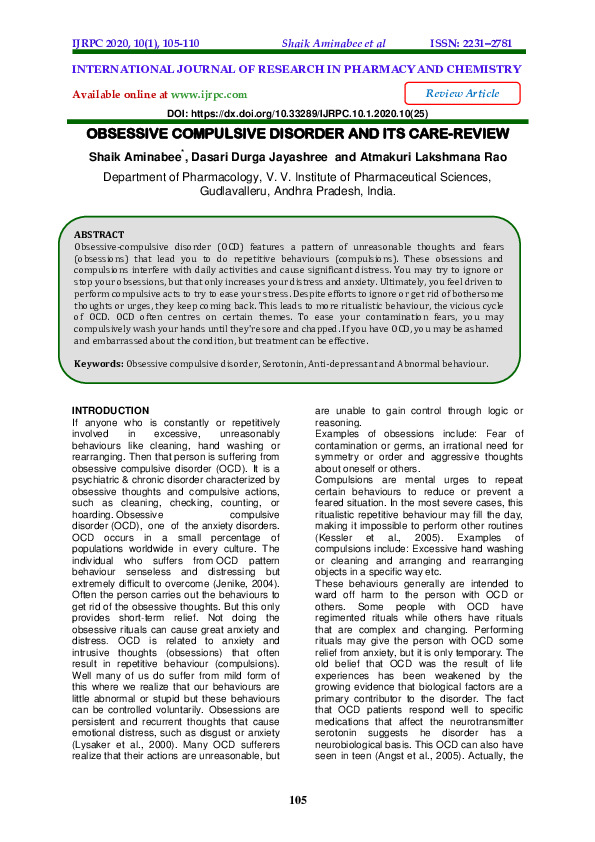 (PDF) Obsessive Compulsive Disorder and Its Care-Review | Dr. Shaik Aminabee - Academia.edu