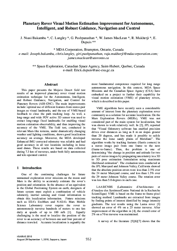 Pdf Planetary Rover Visual Motion Estimation Improvement For Autonomous Intelligent And