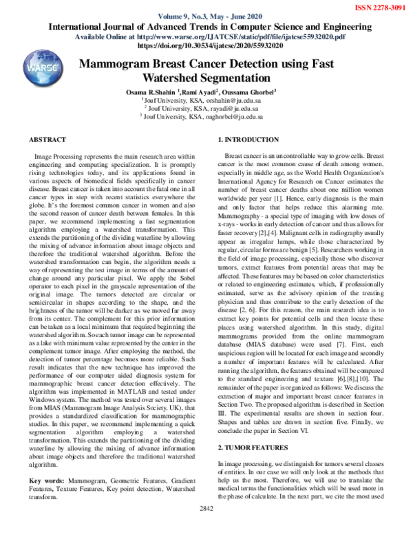 Pdf Mammogram Breast Cancer Detection Using Fast Watershed Segmentation