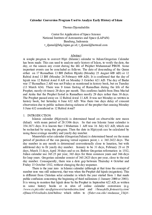 (PDF) Calendar Conversion Program Used to Analyze Early History of Islam