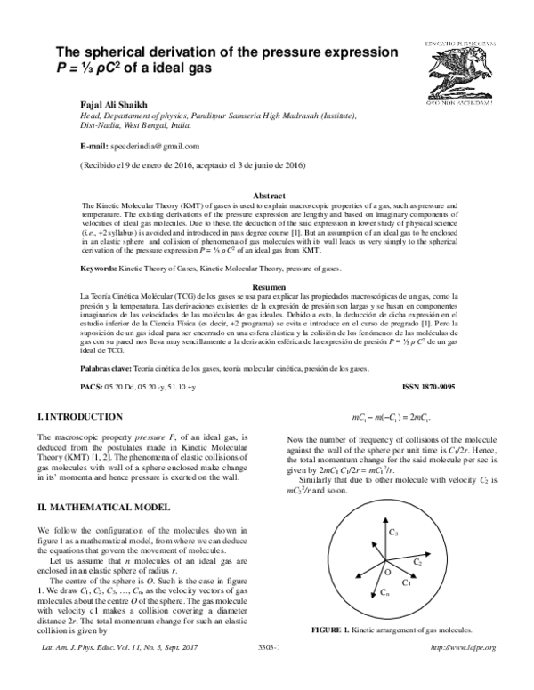(PDF) The spherical derivation of the pressure expression P = ⅓ ρC2 of ...