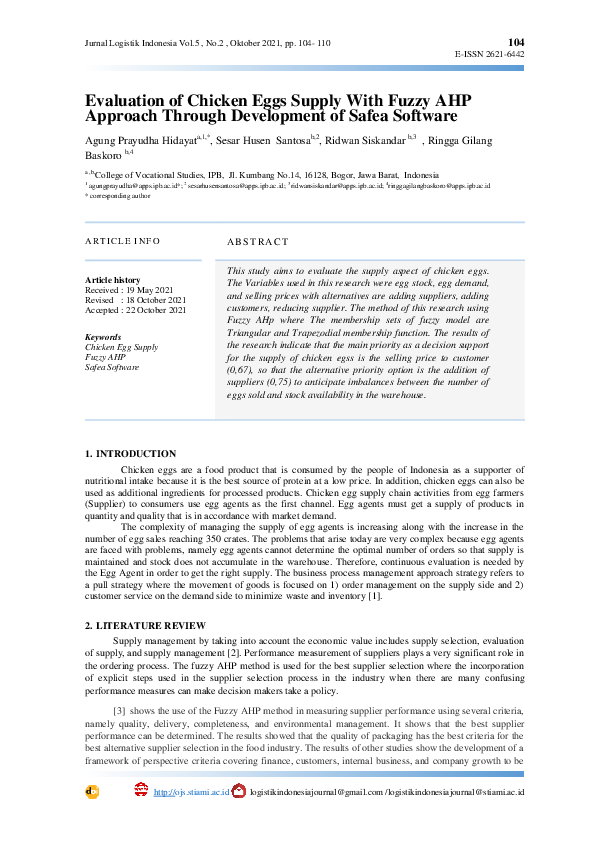 (PDF) Evaluation of Chicken Eggs Supply With Fuzzy AHP Approach Through Development of Safea ...