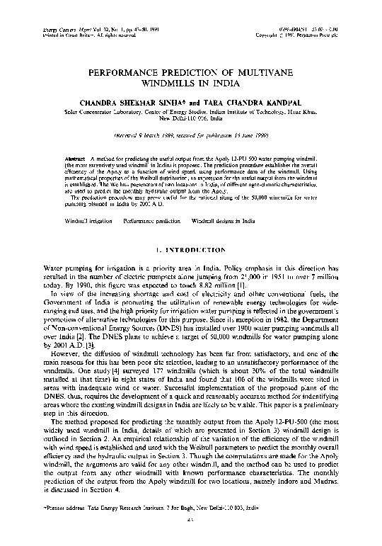 (PDF) Performance prediction of multivane windmills in India