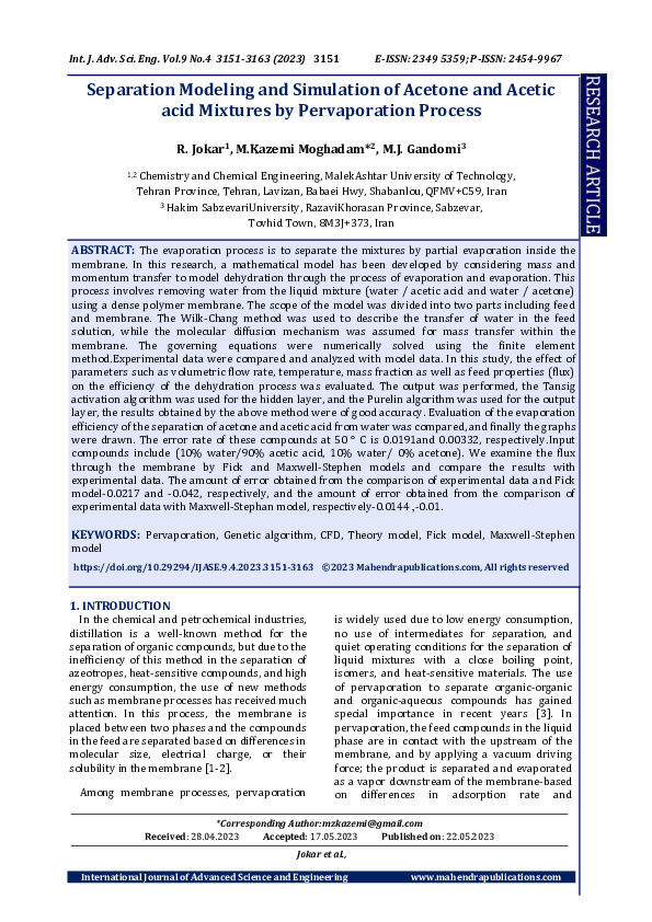 (PDF) Separation Modeling and Simulation of Acetone and Acetic acid Mixtures by Pervaporation ...