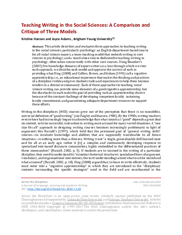 (PDF) Teaching Writing in the Social Sciences: A Comparison and ...