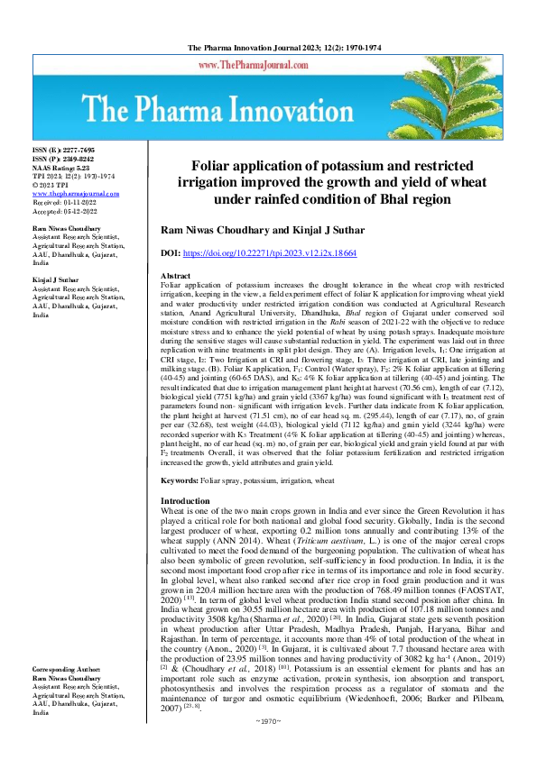 Pdf Foliar Application Of Potassium And Restricted Irrigation