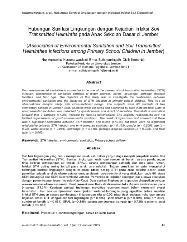 (PDF) Hubungan Sanitasi Lingkungan dengan Kejadian Infeksi Soil Transmitted Helminths pada Anak ...