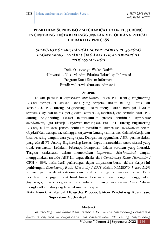 (PDF) Pemilihan Supervisor Mechanical Pada Pt. Jurong Engineering Lestari Menggunakan Metode ...