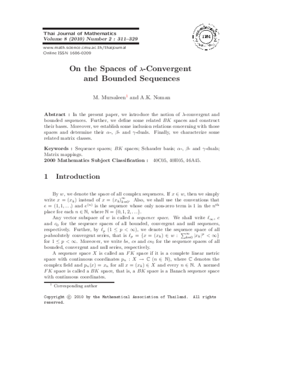 (PDF) On the spaces of λ-convergent and bounded sequences | Md Abdullah Al Noman - Academia.edu