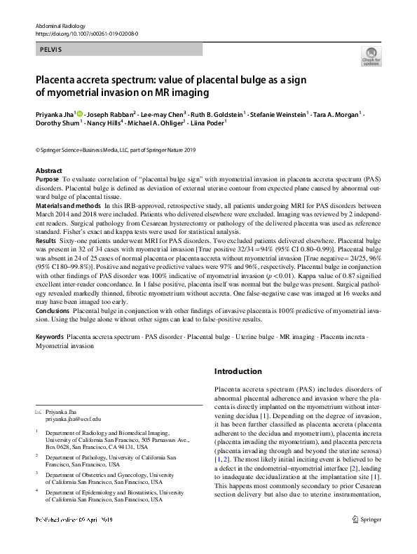 (PDF) Placenta accreta spectrum: value of placental bulge as a sign of myometrial invasion on MR ...