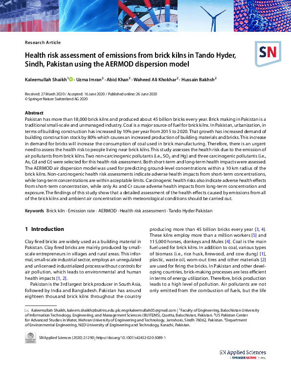 (PDF) Health risk assessment of emissions from brick kilns in Tando Hyder, Sindh, Pakistan using ...