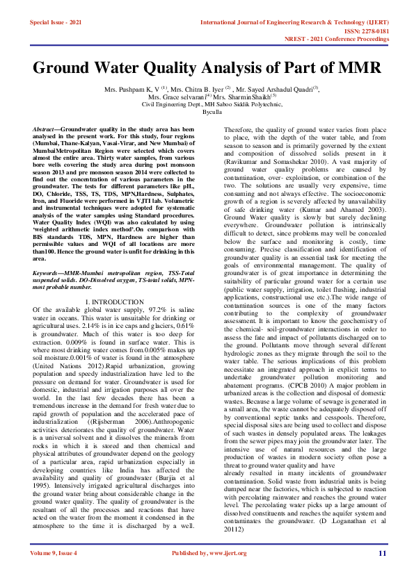 (PDF) Ground Water Quality Analysis of Part of MMR