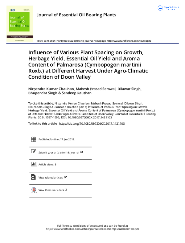 (PDF) Influence of Various Plant Spacing on Growth, Herbage Yield, Essential Oil Yield and Aroma ...