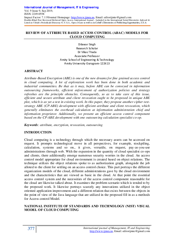 (PDF) Review of Attribute Based Access Control (ABAC) Models for Cloud Computing