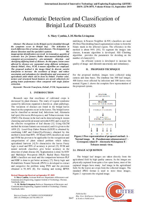 (PDF) Automatic Detection and Classification of Brinjal Leaf DiseaSES