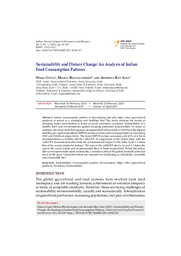 (PDF) Sustainability and Dietary Change: An Analysis of Indian Food ...
