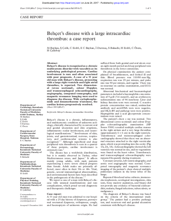 (PDF) Behcet's disease with a large intracardiac thrombus: a case report