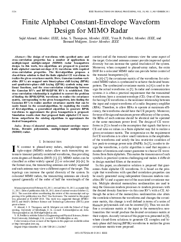(PDF) Finite Alphabet Constant-Envelope Waveform Design for MIMO Radar