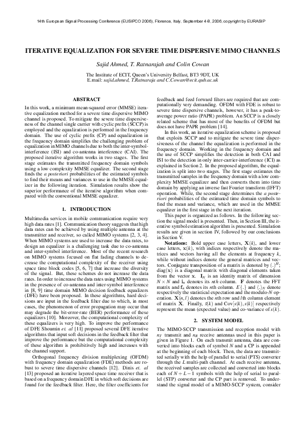 (PDF) Iterative Equalization For Severe Time Dispersive Mimo Channels
