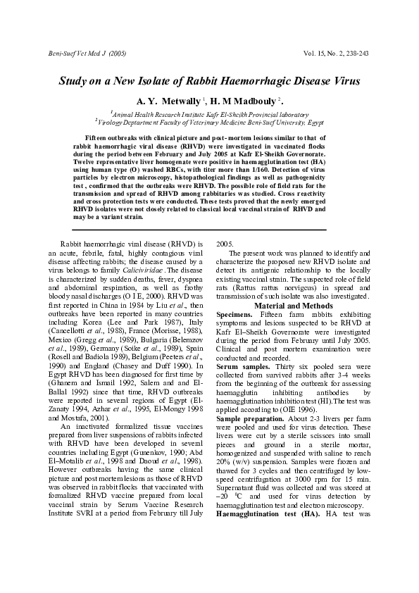 (PDF) Study on a New Isolate of Rabbit Haemorrhagic Disease Virus