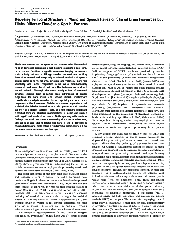 Pdf Decoding Temporal Structure In Music And Speech Relies On Shared Brain Resources But