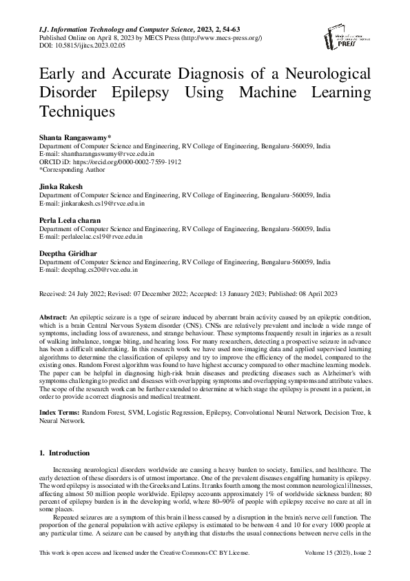 (PDF) Early and Accurate Diagnosis of a Neurological Disorder Epilepsy Using Machine Learning ...
