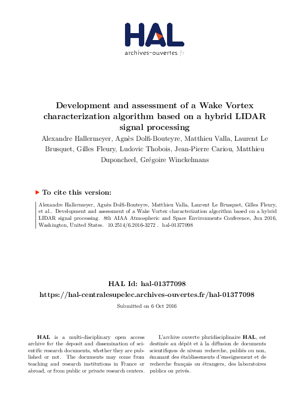 Pdf Development And Assessment Of A Wake Vortex Characterization Algorithm Based On A Hybrid