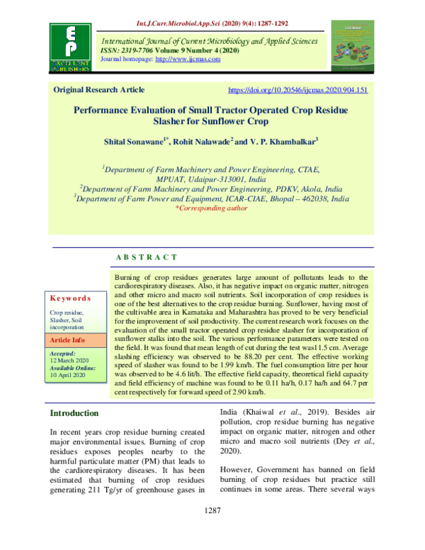 (PDF) Performance Evaluation of Small Tractor Operated Crop Residue Slasher for Sunflower Crop ...