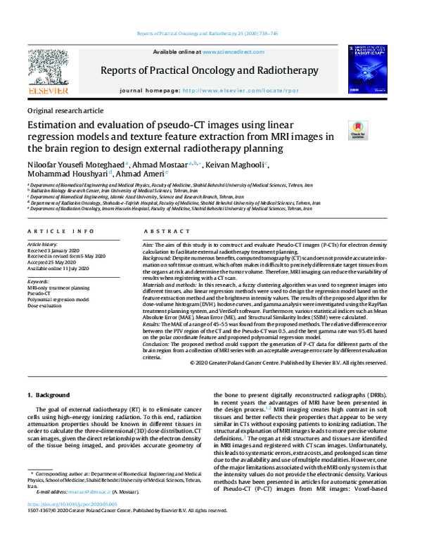 (PDF) Estimation and evaluation of pseudo-CT images using linear regression models and texture ...