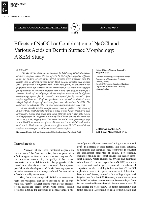 (PDF) Effects of NaOCl or Combination of NaOCl and Various Acids on Dentin Surface Morphology: A ...