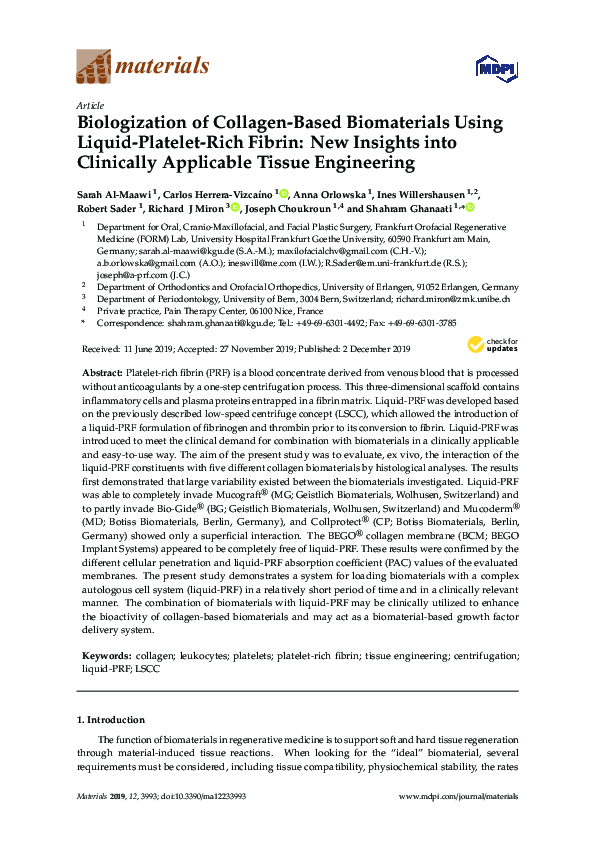 (PDF) Biologization of Collagen-Based Biomaterials Using Liquid-Platelet-Rich Fibrin: New ...