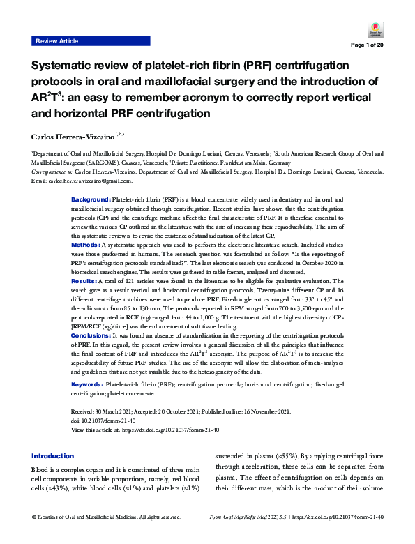 (PDF) Systematic review of platelet-rich fibrin (PRF) centrifugation ...