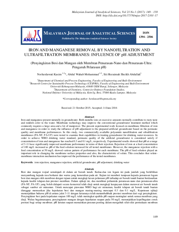 (PDF) (Penyingkiran besi dan mangan oleh membran penurasan-nano dan ...